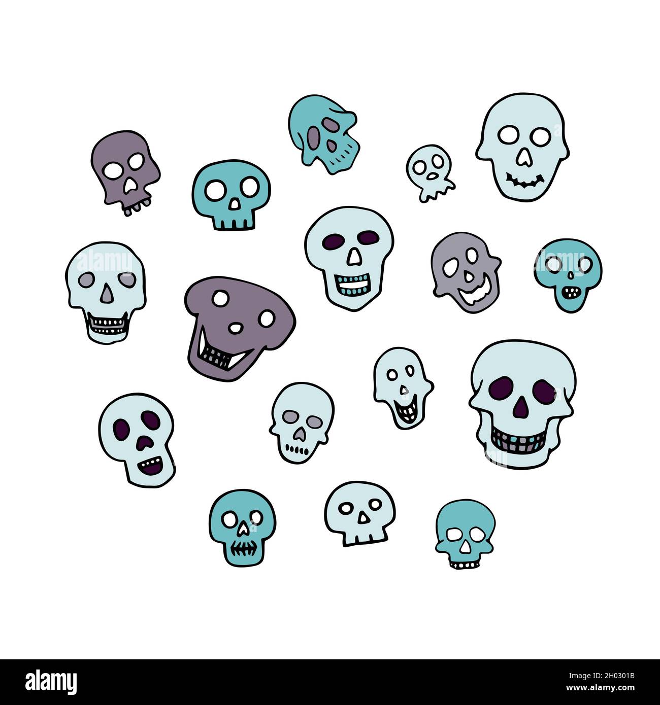 Doodle Halloween sculls set. Color Skeleton isolated on white ...