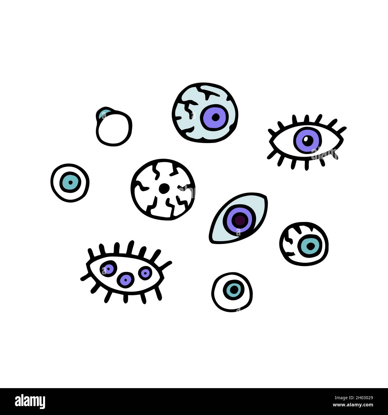 Doodle scary eyes set. Hand-drawn crazy monster elements. Violet ...