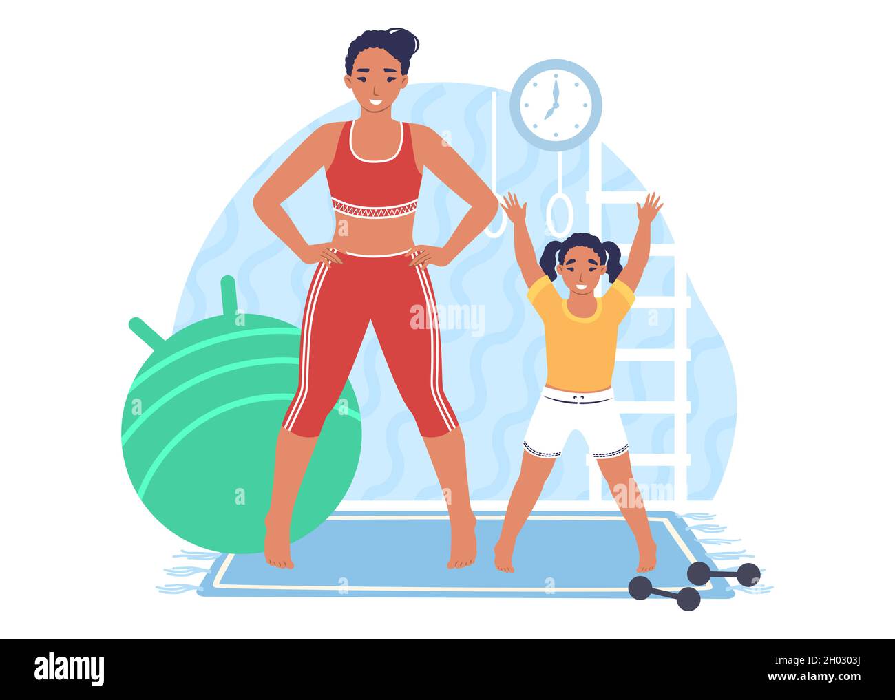 Happy mother training with daughter, vector illustration. Parent child ...