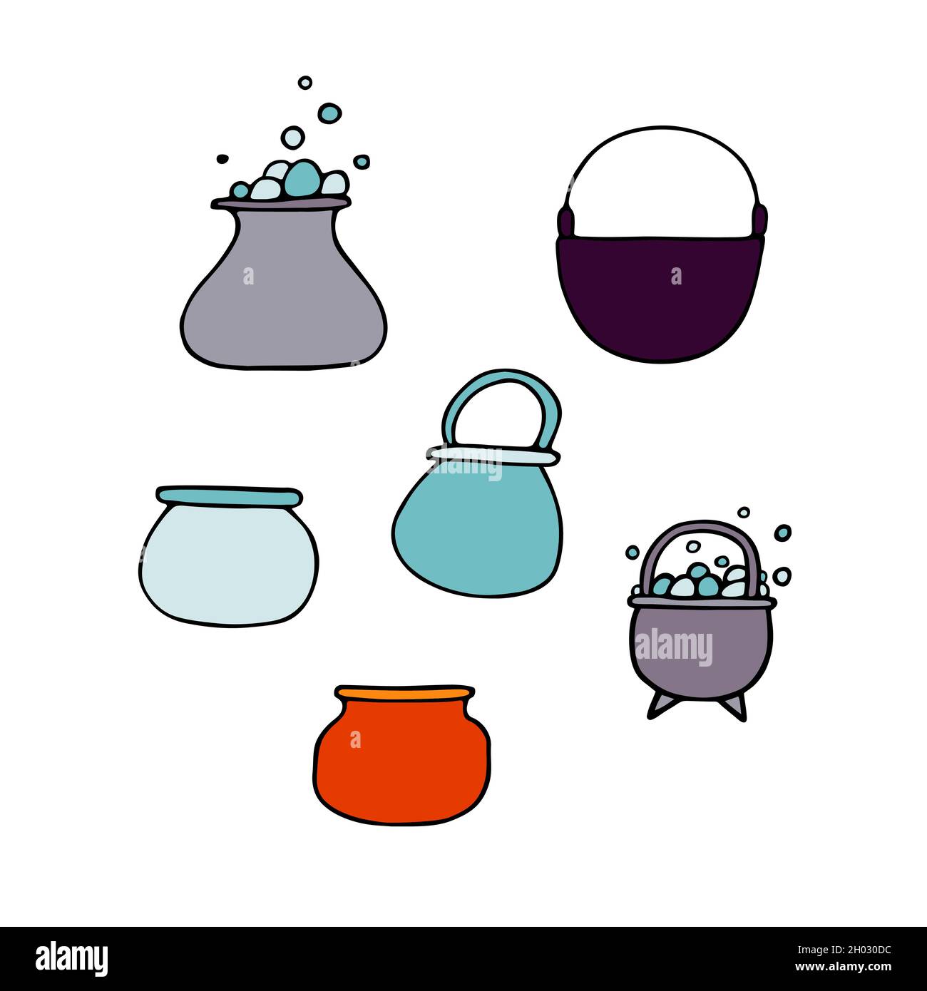 Magic cauldron of potion doodle set. Colored witches boiler isolated on ...