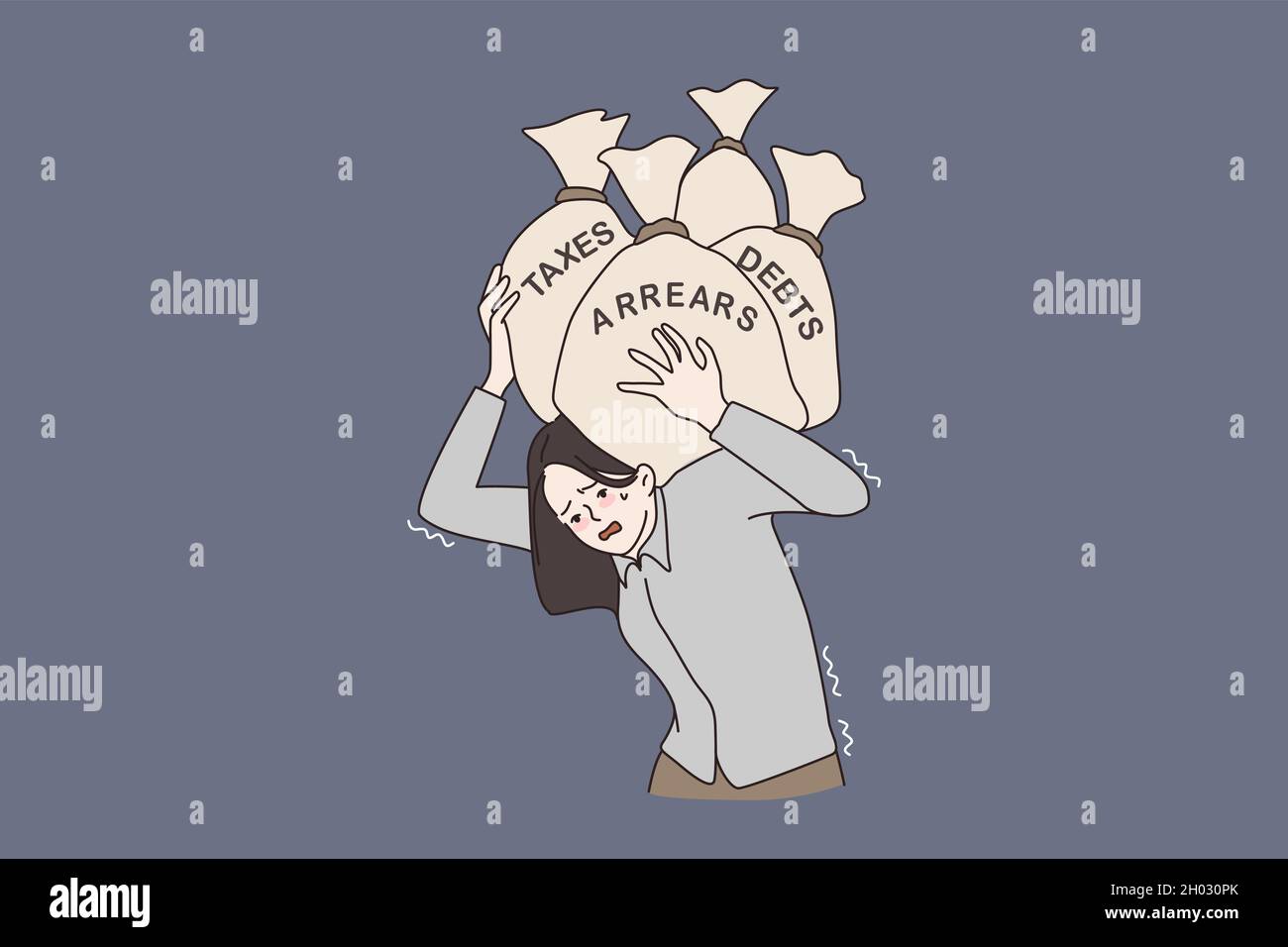 Unhappy woman carrying burden of financial problems, holding bags with ...