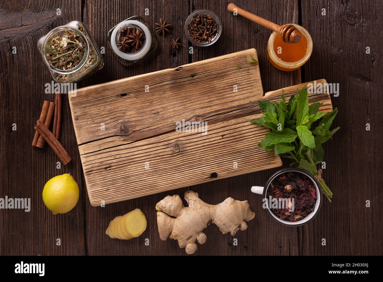 Traditional medicine with healthy tea products set, top view Stock ...