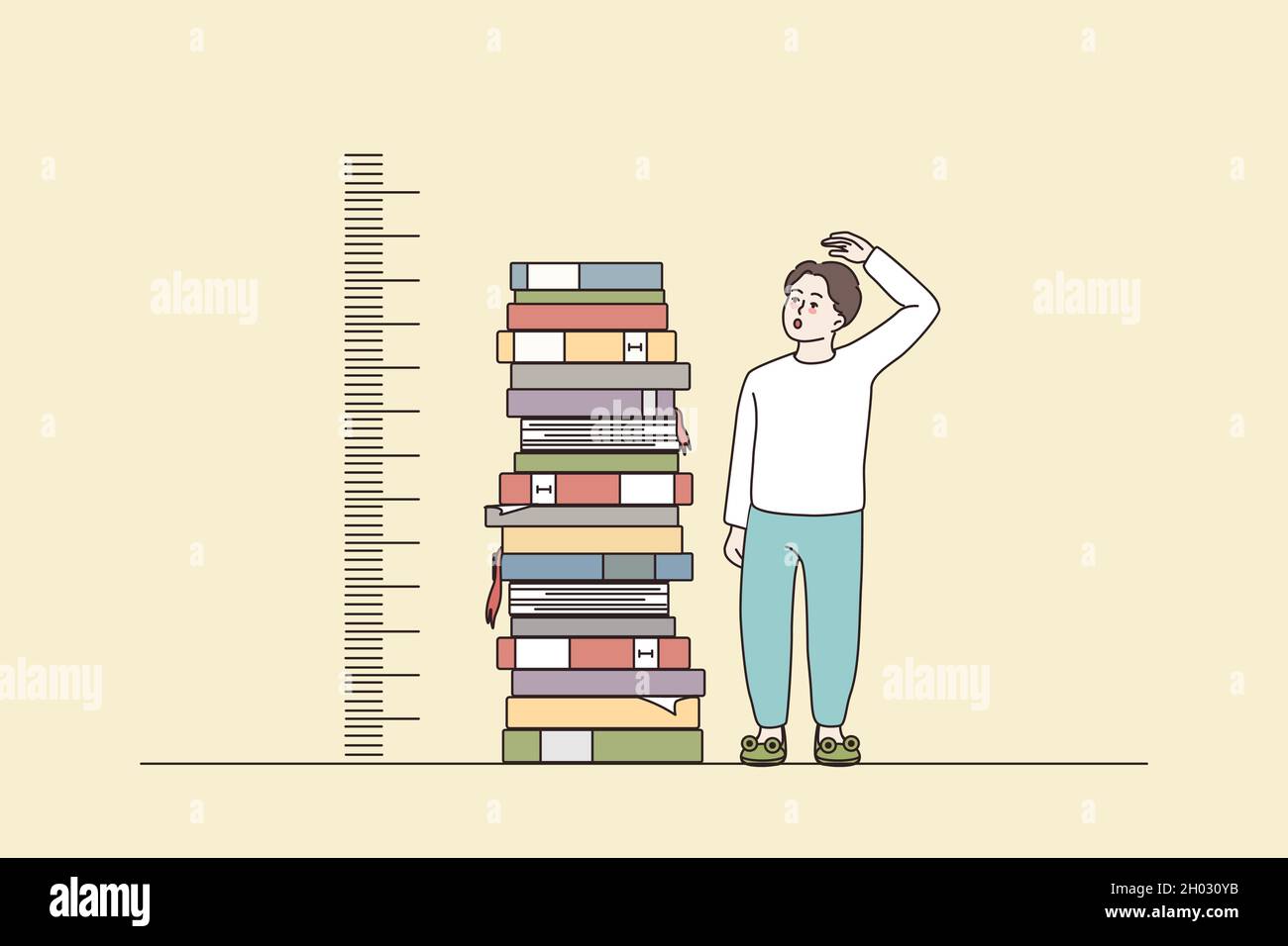 Boy stand near pile of books measuring growth by hand. Guy reading ...