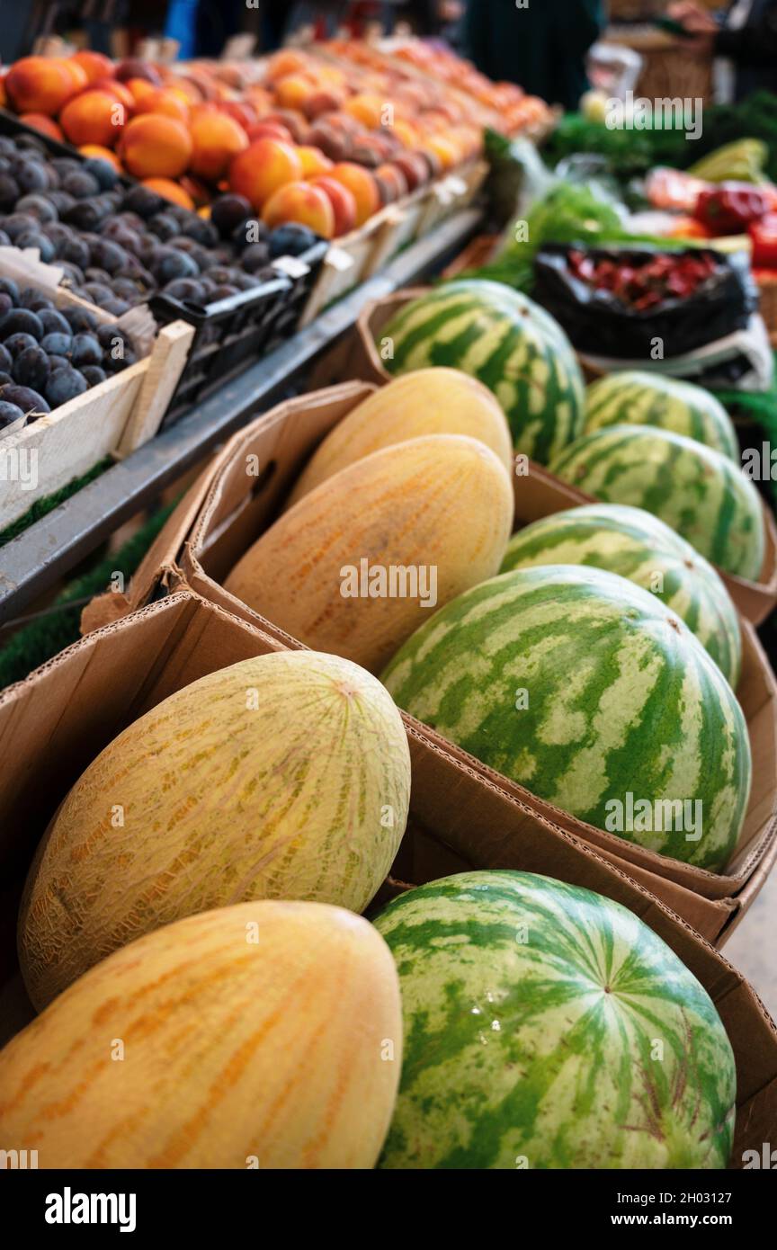 Assortment of fresh fruits and vegetables at market Stock Photo - Alamy