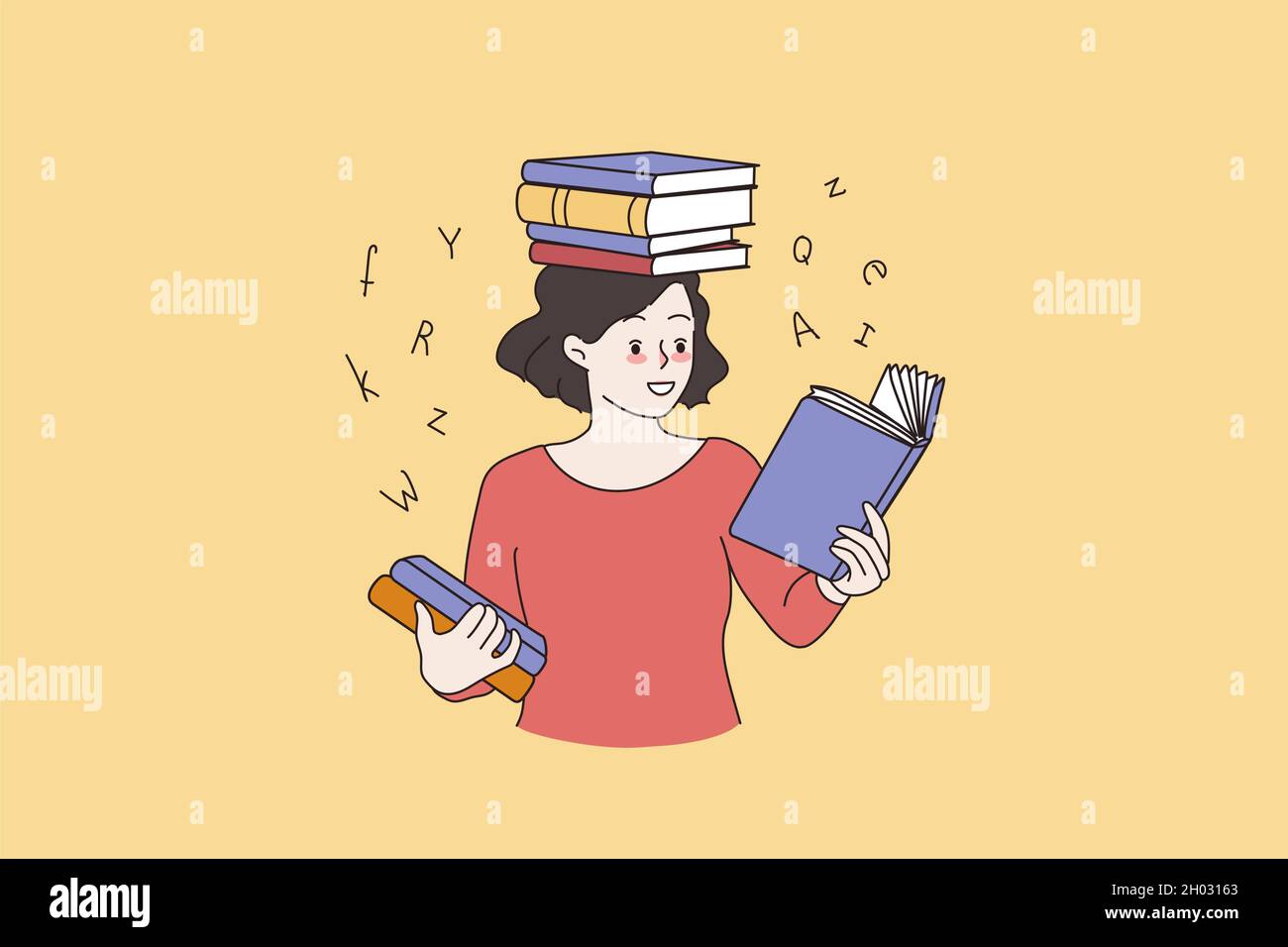 Smart girl student reading books, have textbooks on head, preparing for ...