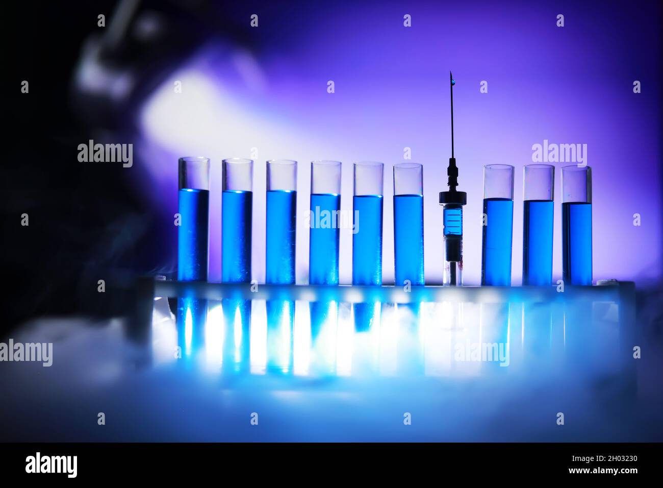 Test tube of glass overflows new liquid solution potassium blue ...