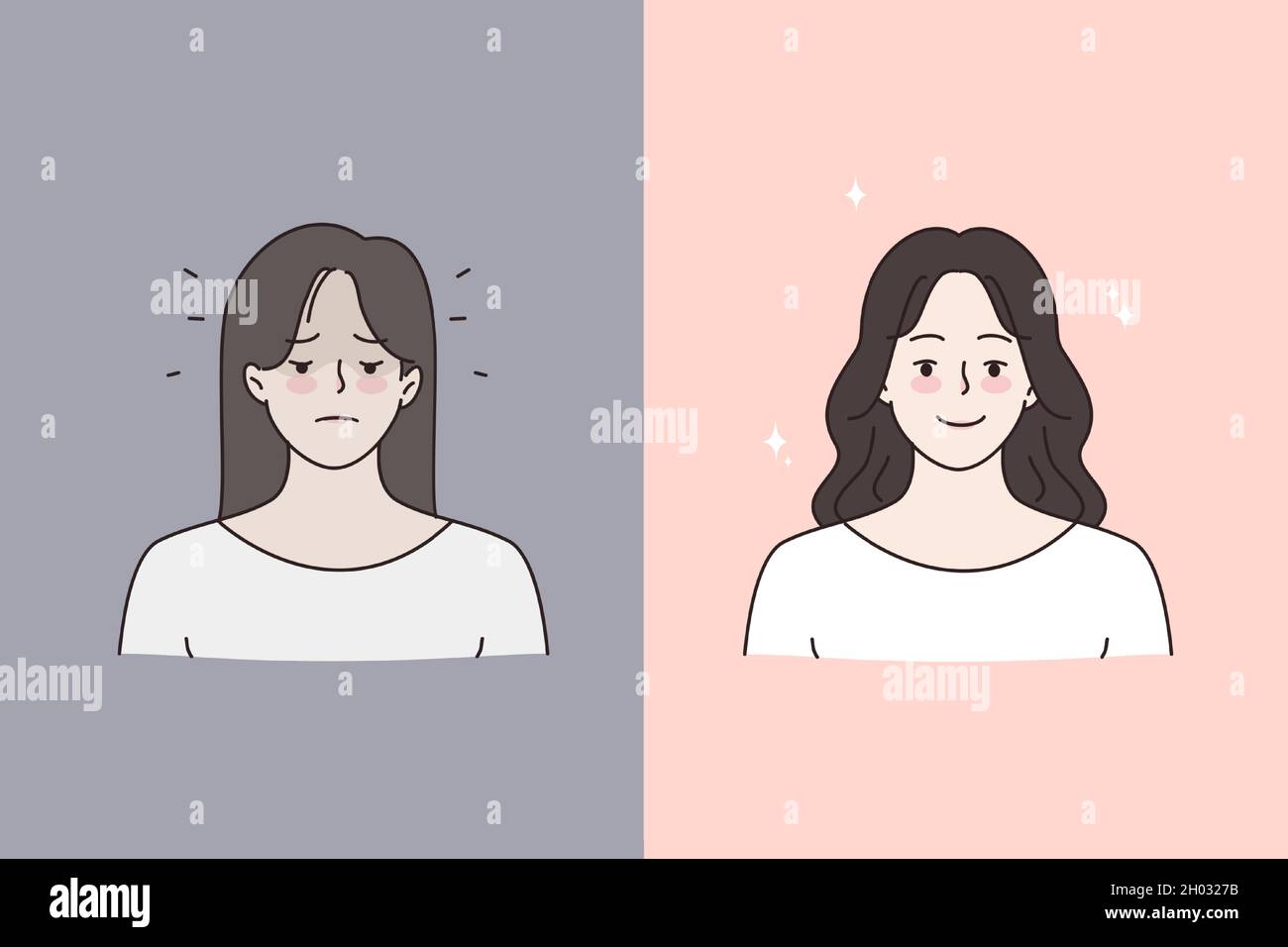 Woman sad before and happy after psychology session. Young female ...