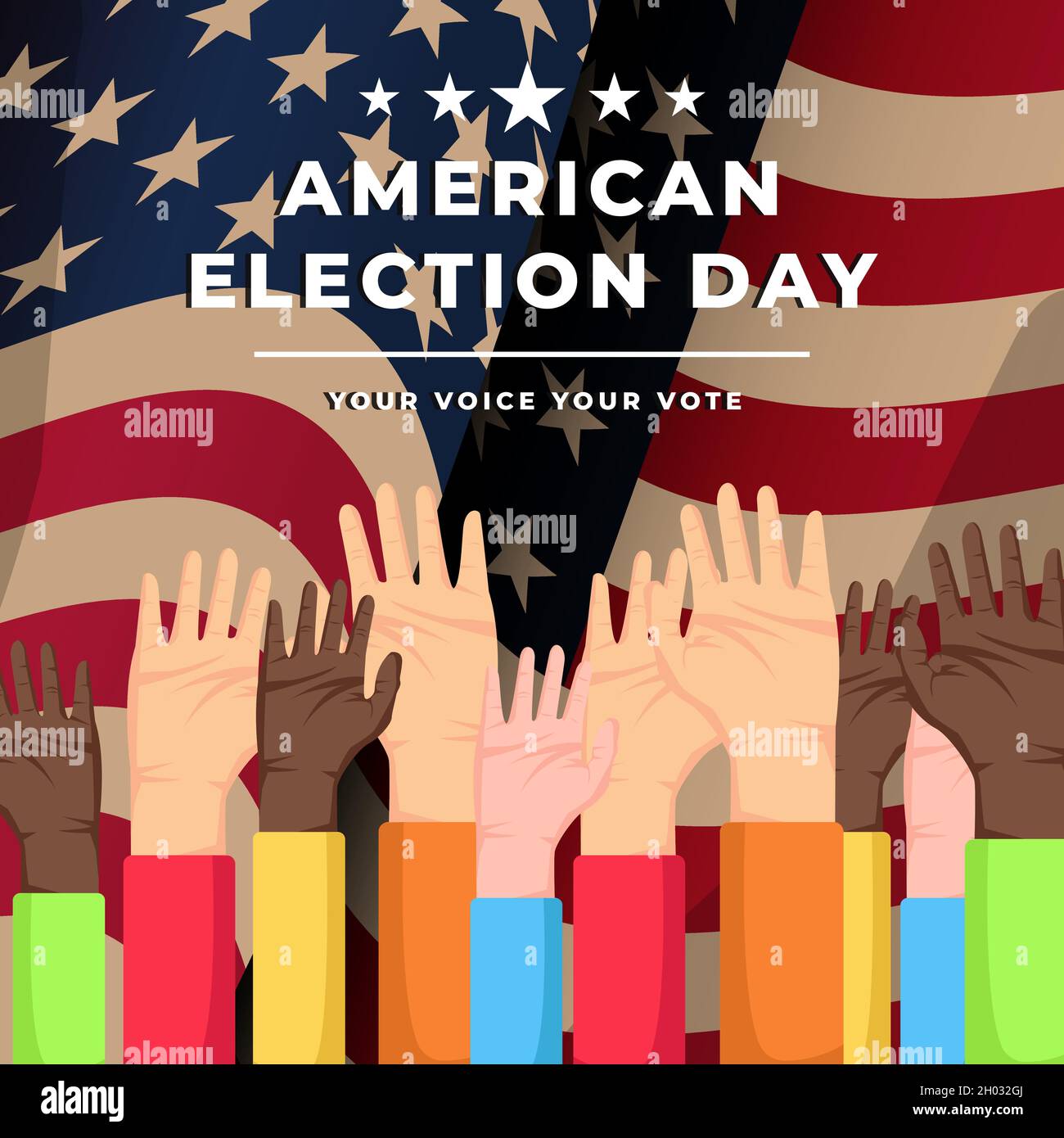 vector illustration american election day background with raising hands ...