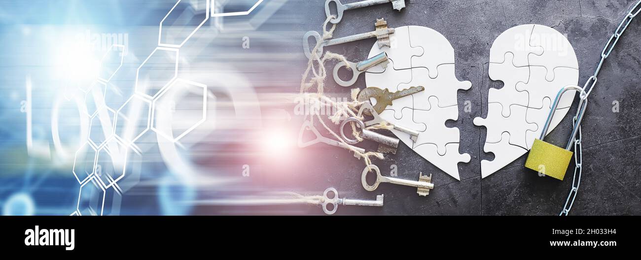 White heart-shaped puzzle. Heart affairs. Undivided love. Broken heart ...