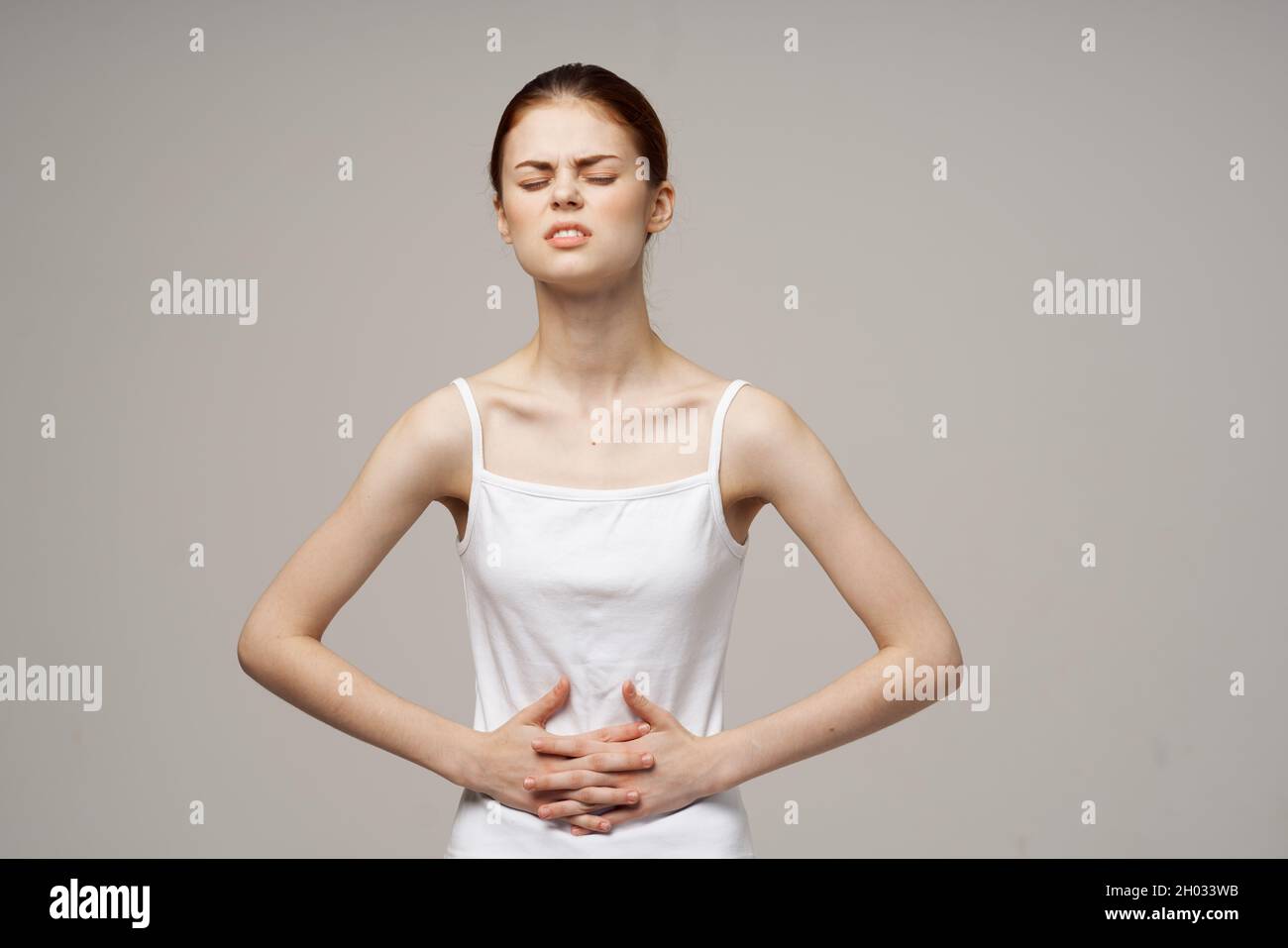 sick woman groin pain intimate illness gynecology isolated background ...