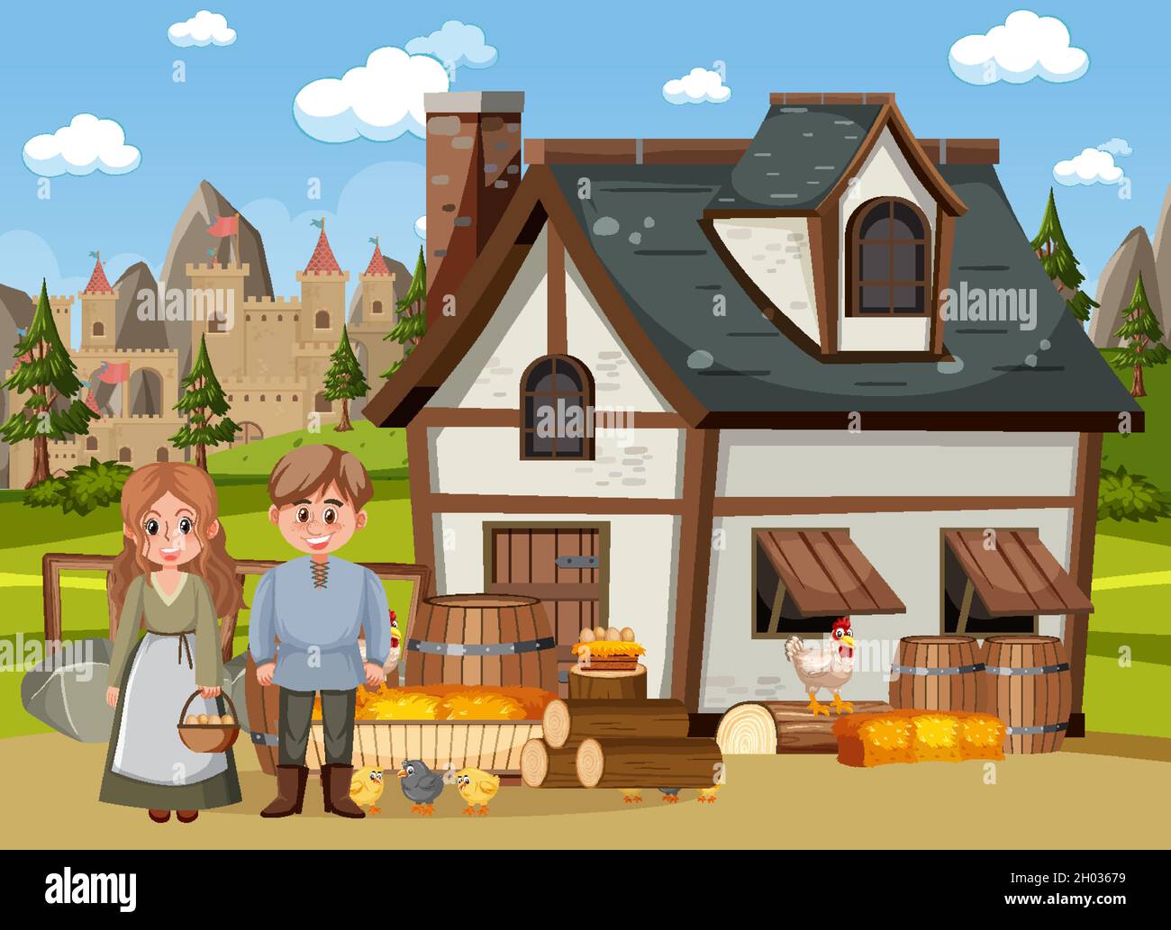 Medieval town scene with villagers illustration Stock Vector Image ...