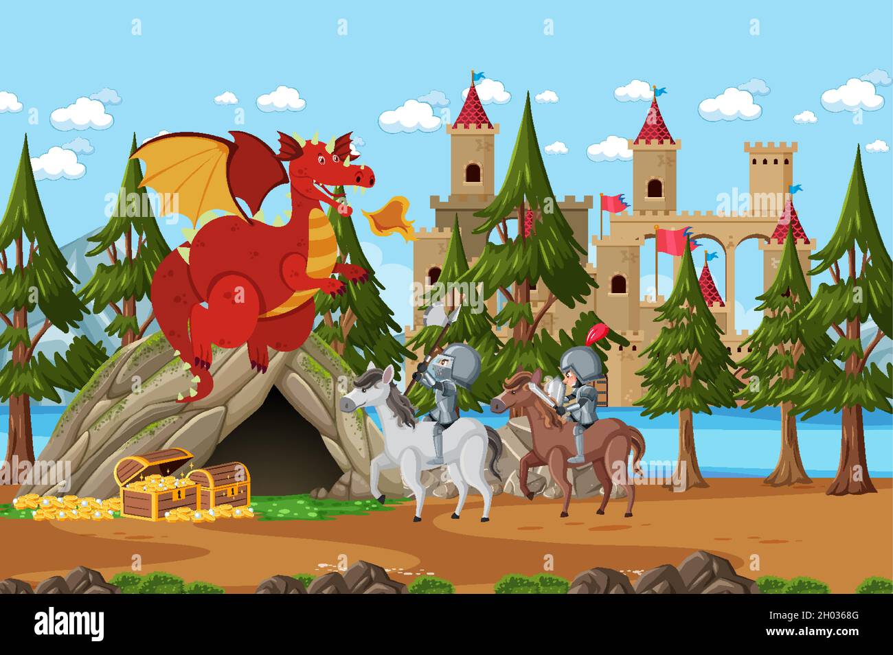 Knights fight with dragon at the castle illustration Stock Vector Image ...
