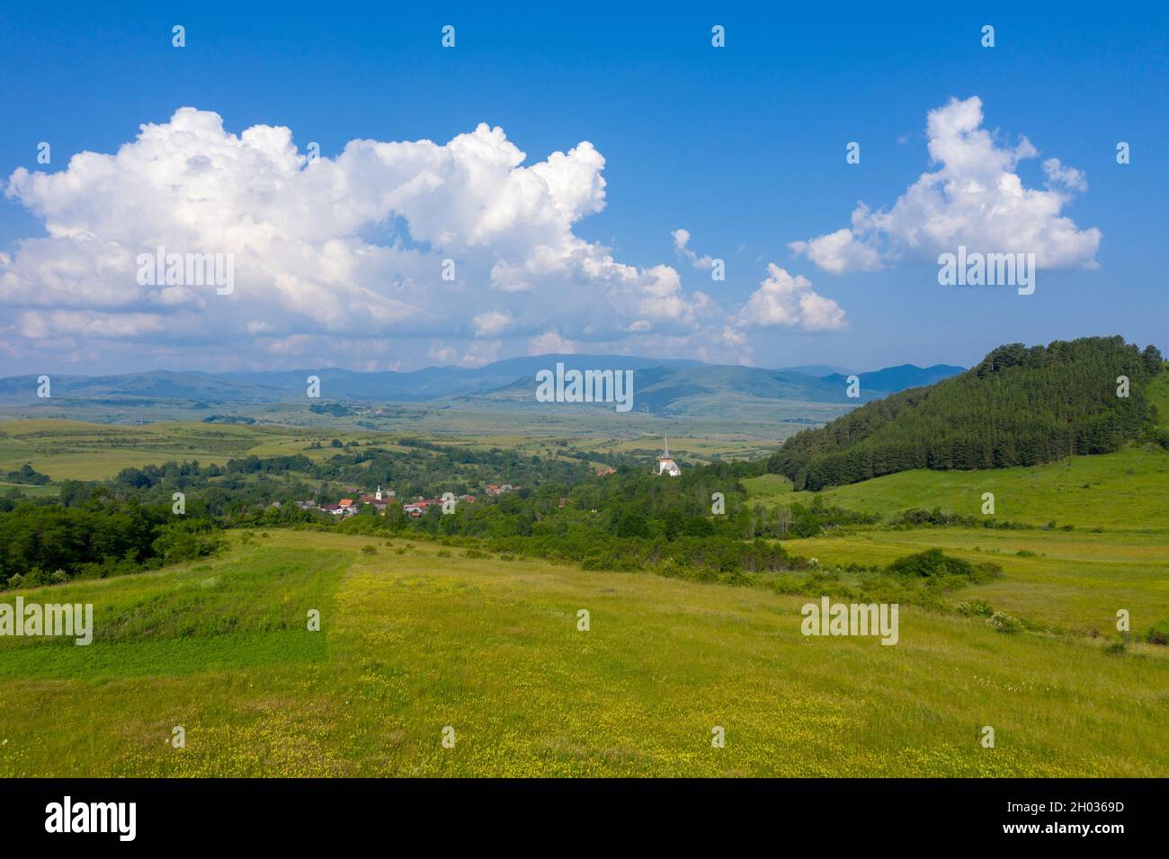 Aerial drone view of a countryside small village. Valeni (Magyarvalko ...