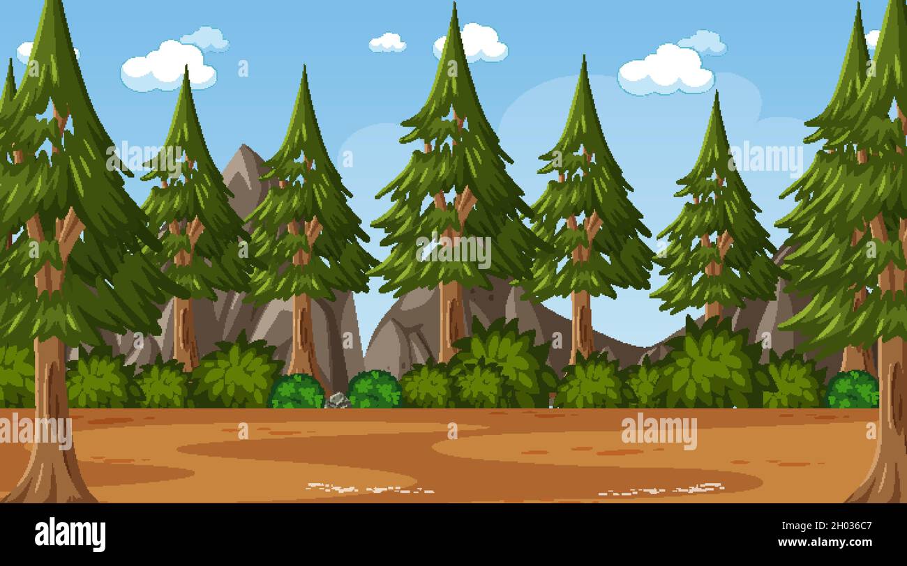 Empty nature park scene with many pine trees illustration Stock Vector ...