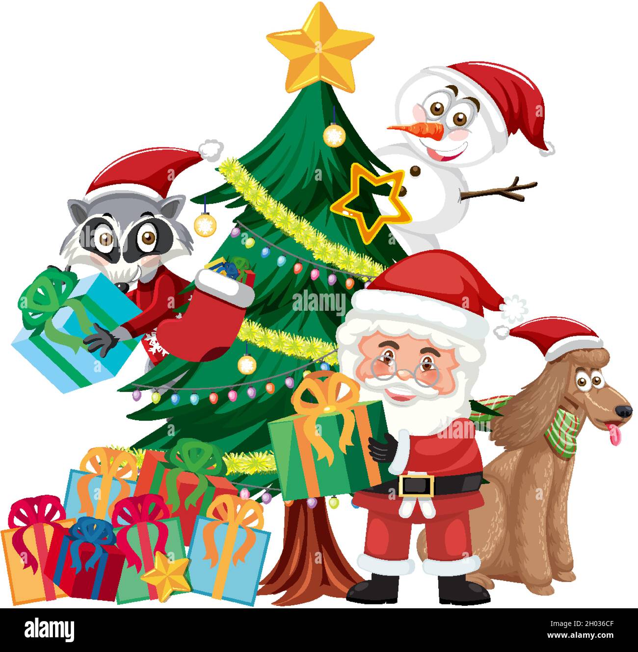 Santa Claus with Snowman and Christmas tree illustration Stock Vector ...