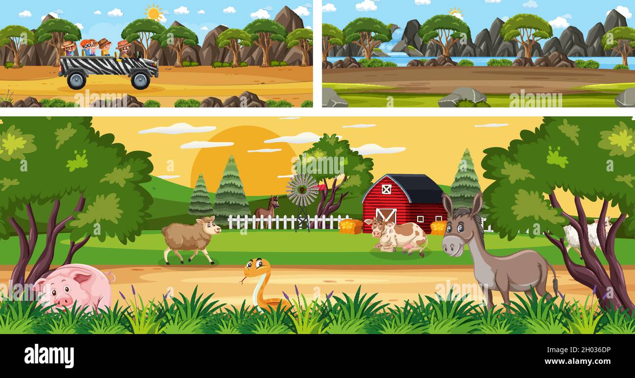 Outdoor panoramic landscape scenes set with cartoon character ...