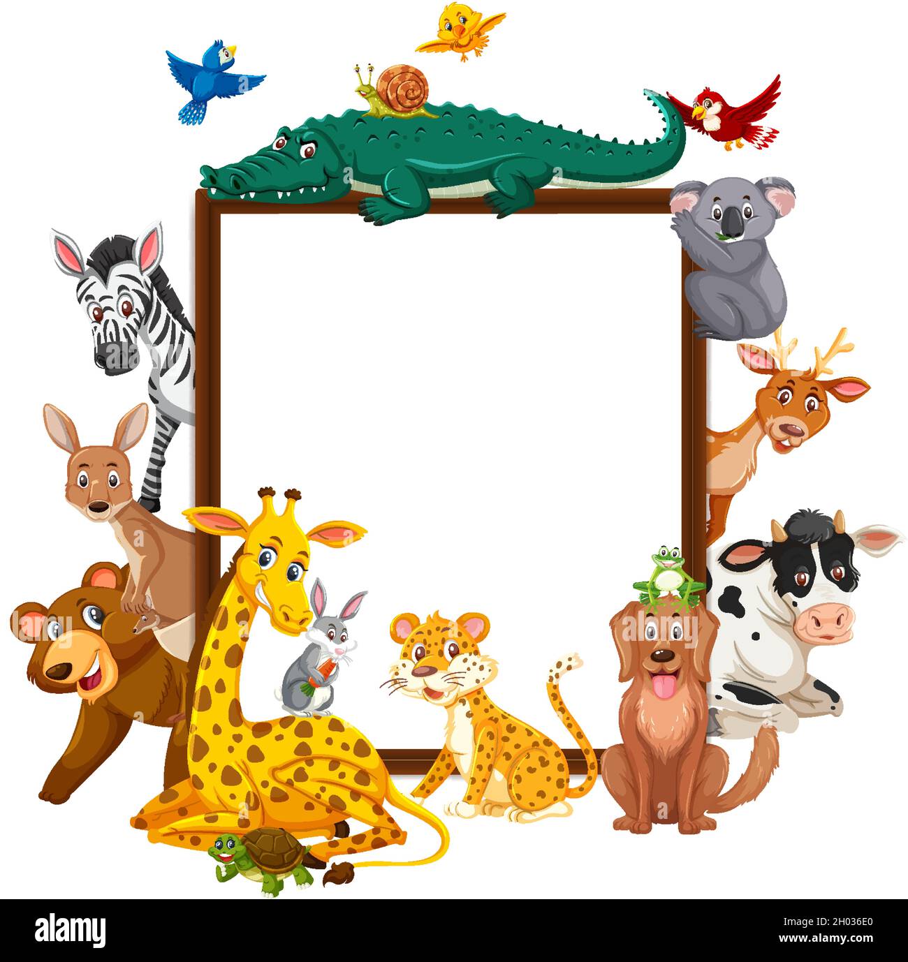 Empty wooden frame with various wild animals illustration Stock Vector ...