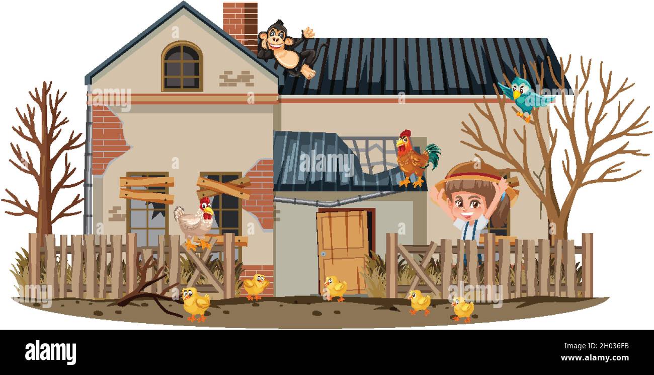 Isolated old broken farm house in the rural illustration Stock Vector ...