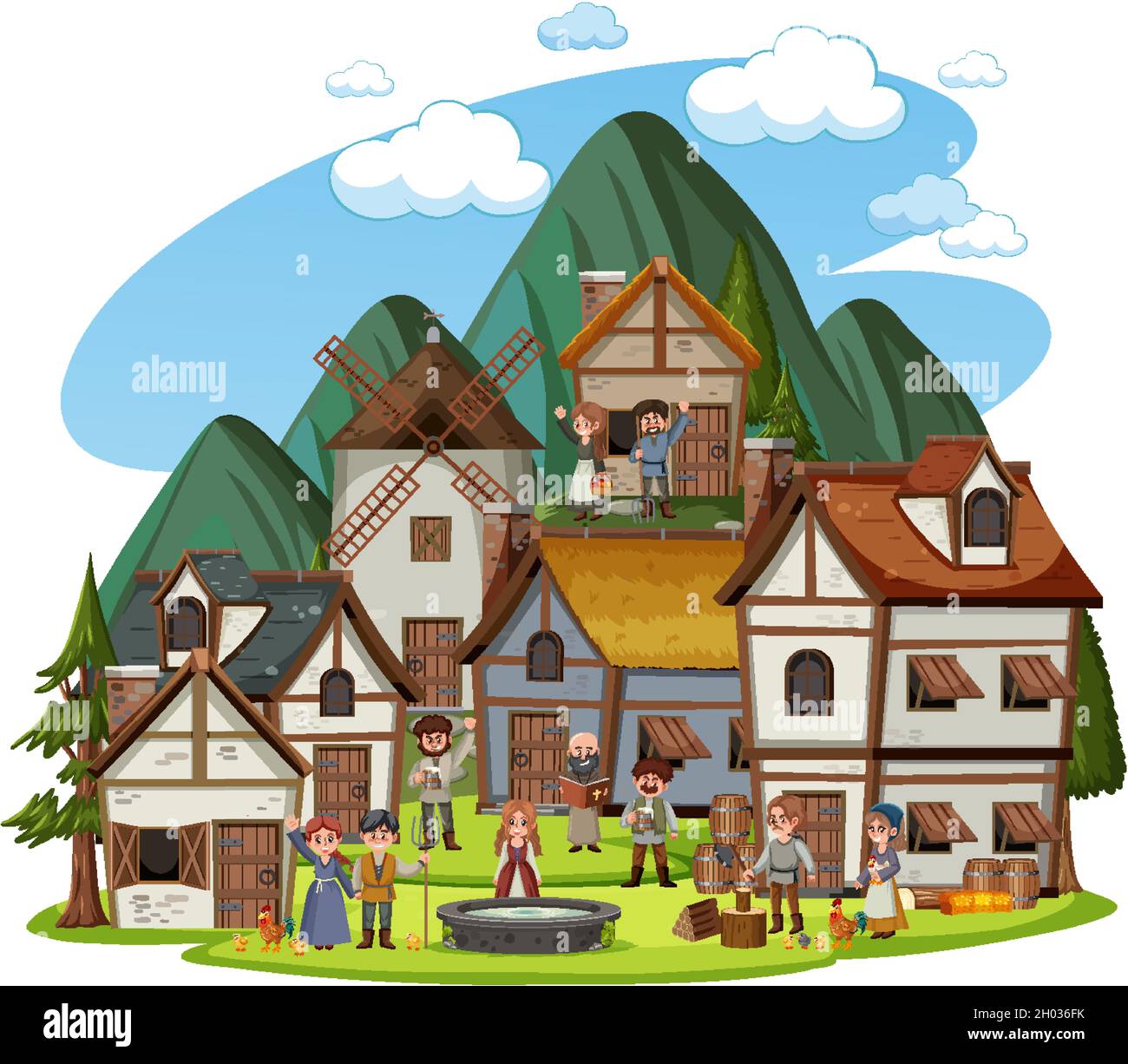 Medieval village with villagers on white background illustration Stock ...