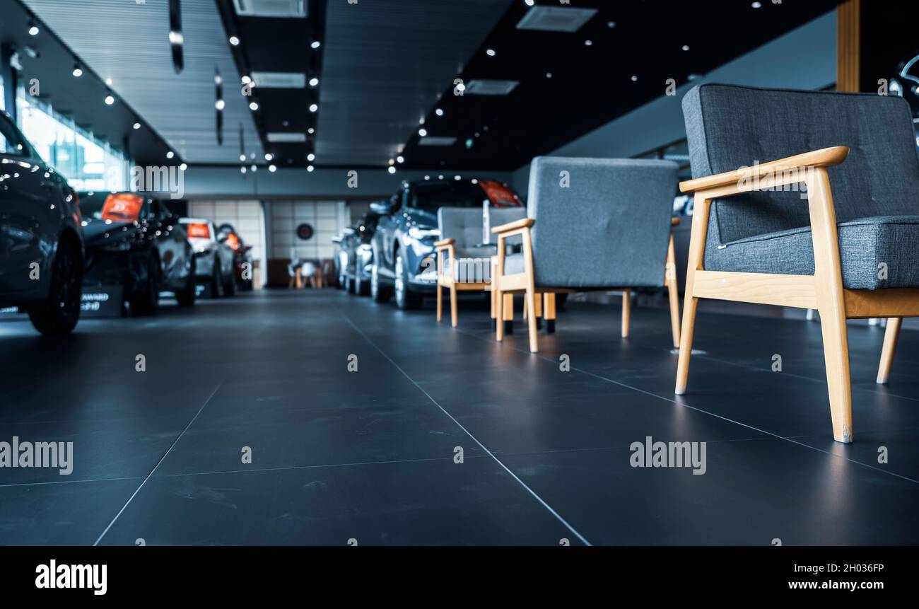 Luxury showroom interior. Car dealership office. New car parked in ...