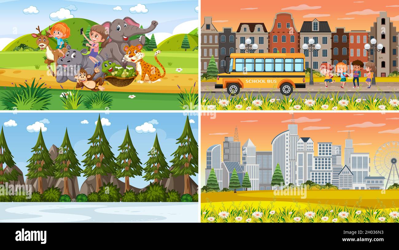 Set of different nature scenes cartoon style illustration Stock Vector ...