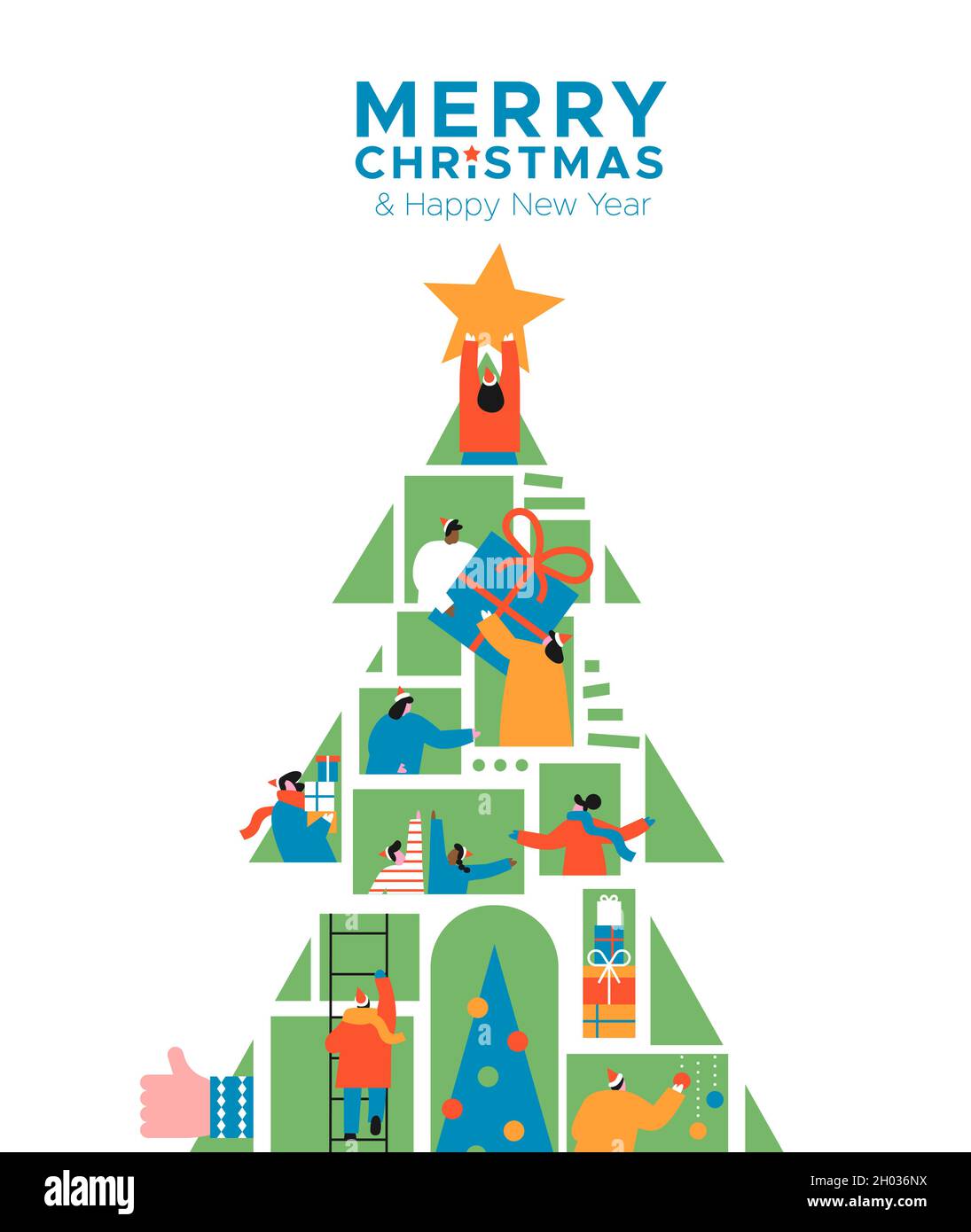 Merry Christmas Happy New Year greeting card illustration of diverse ...