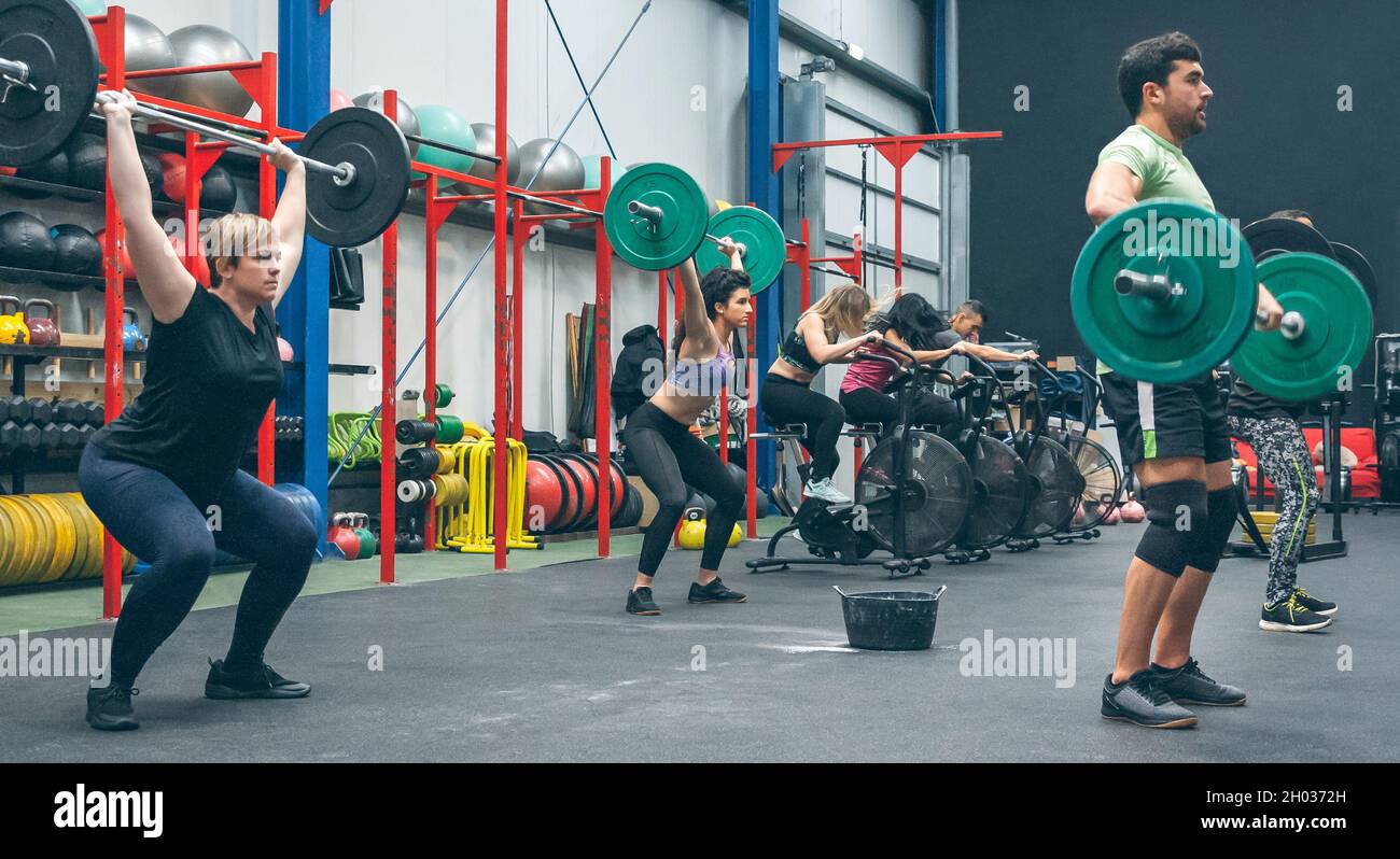 People practicing weightlifting lifting weights in the gym Stock Photo ...