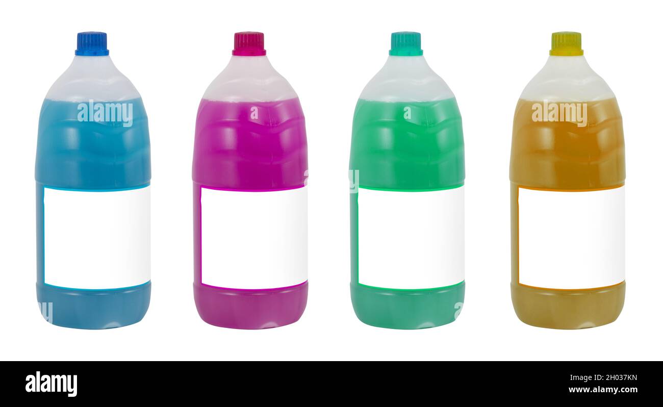 Four plastic isolated bottles with liquid on four different colours ...