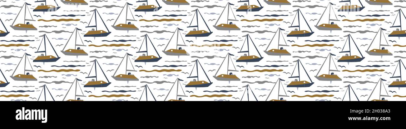 Masculine drawn boat doodle motif seamless pattern. Classic retro ...
