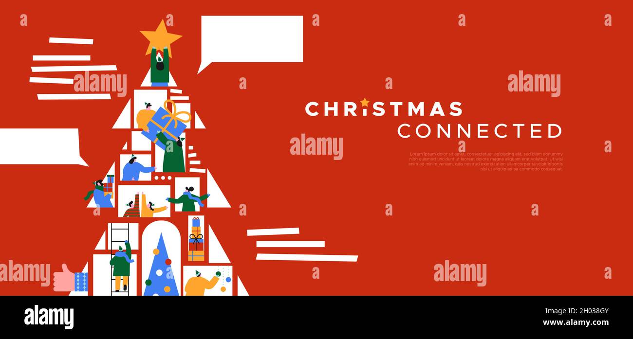 Merry Christmas web template illustration of diverse people connected ...