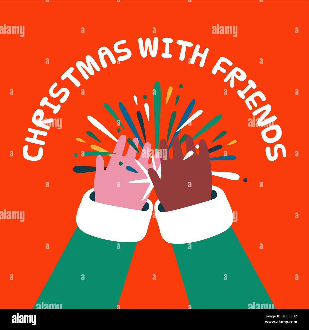 Merry Christmas greeting card illustration of diverse friend hands ...