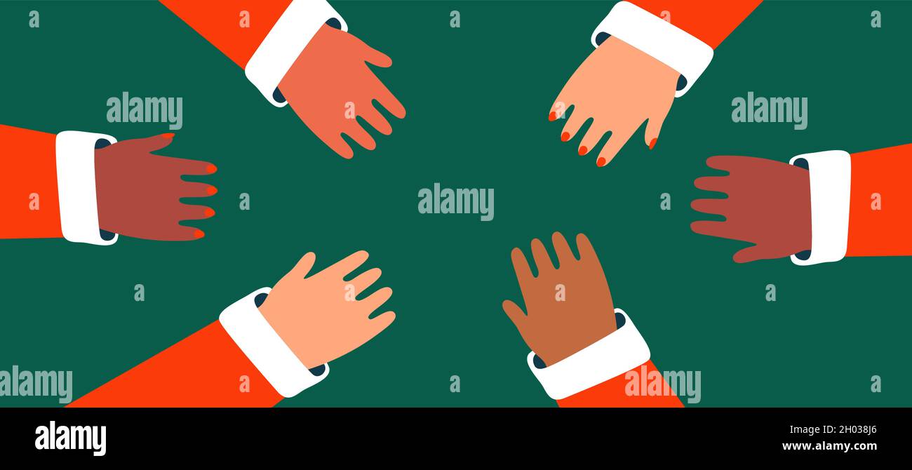 Diverse christmas people hands together in modern flat cartoon style ...