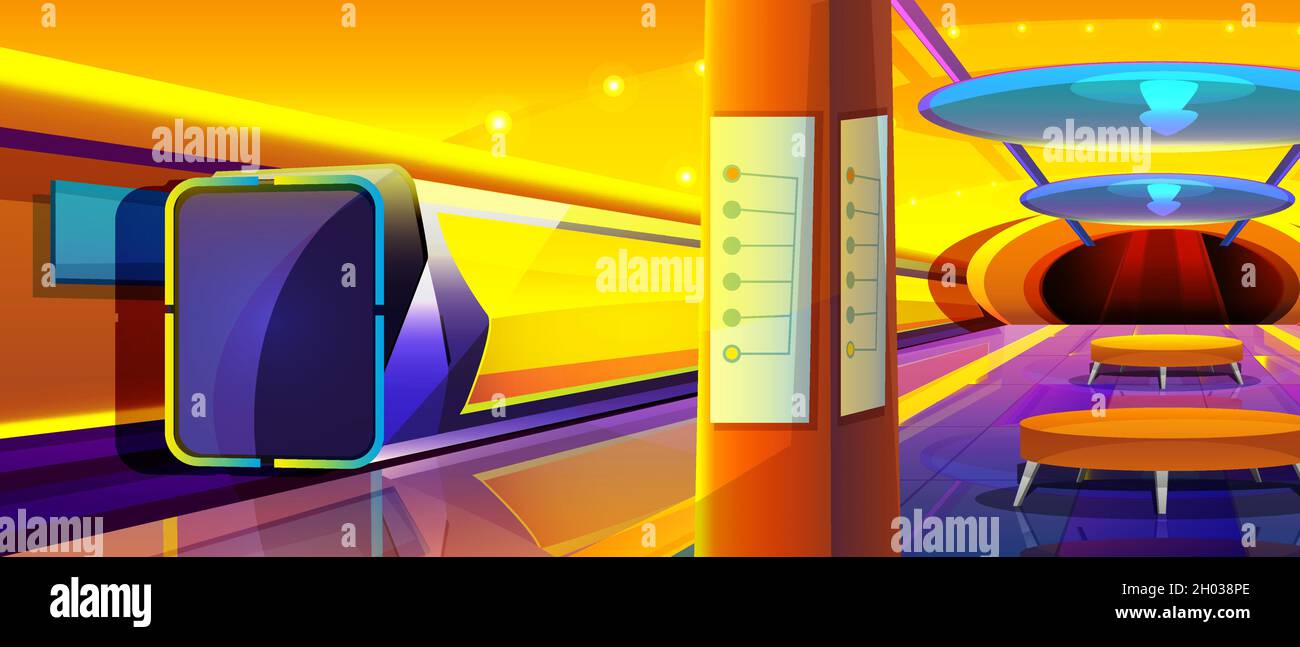 Cartoon futuristic train in metro station. Modern underground interior ...