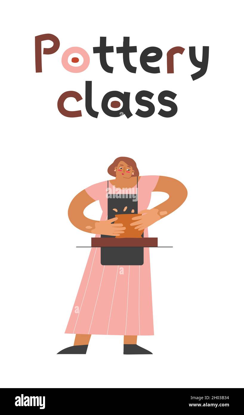 Vector flat illustration about workshop. Adult Caucasian woman makes ...