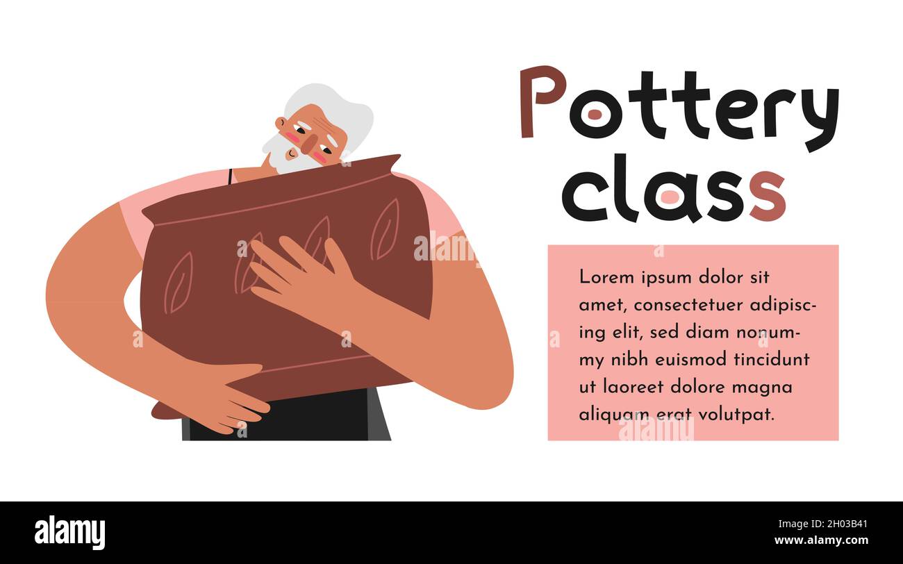 Vector flat illustration about workshop. Senior Caucasian man holds ...