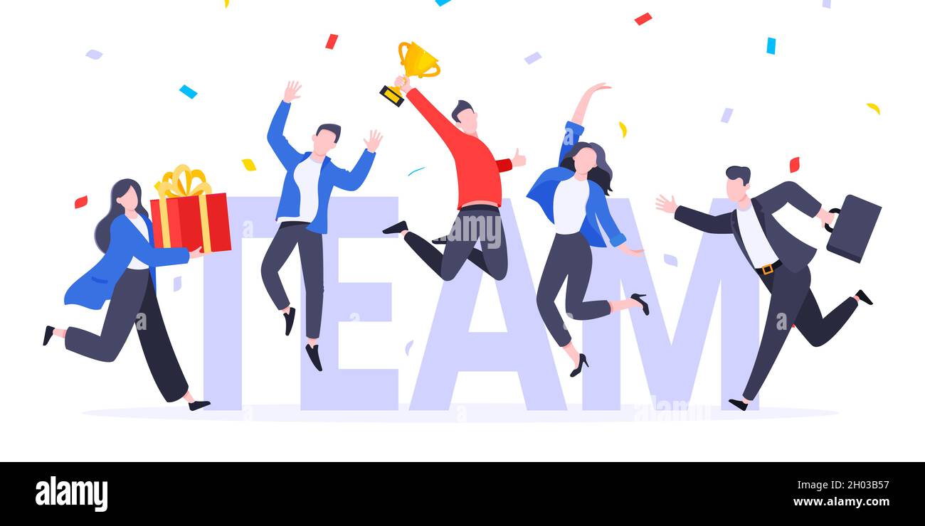 Happy business employee team winners award ceremony flat style design ...