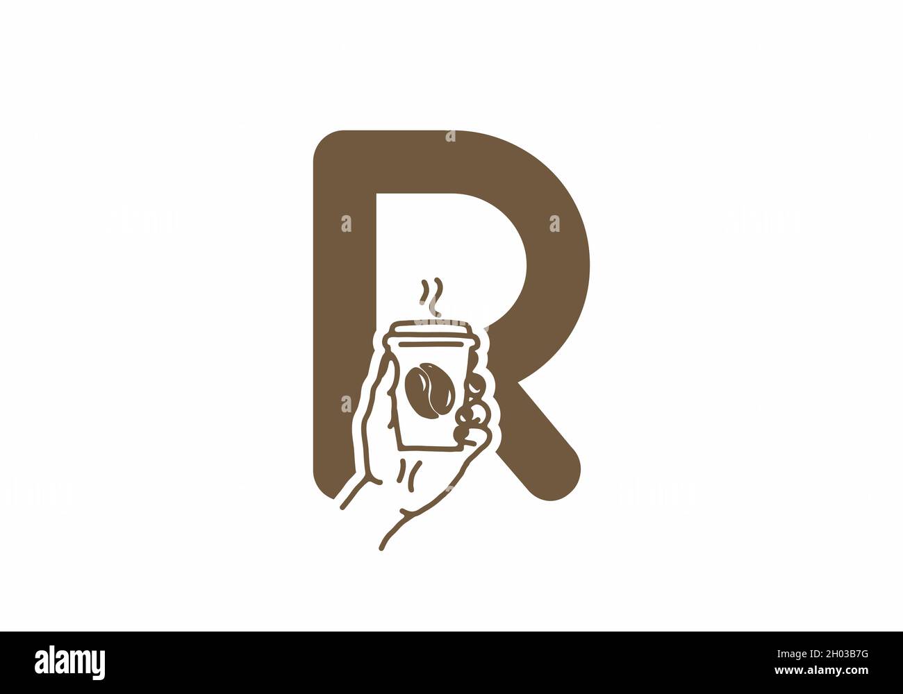 Brown color of R initial letter with line art coffee cup design Stock ...