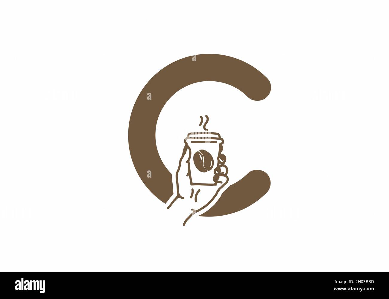 Brown color of C initial letter with line art coffee cup design Stock ...