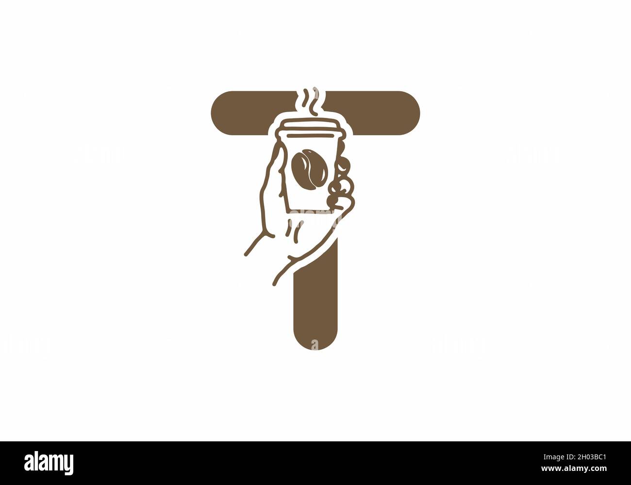 Brown color of T initial letter with line art coffee cup design Stock ...