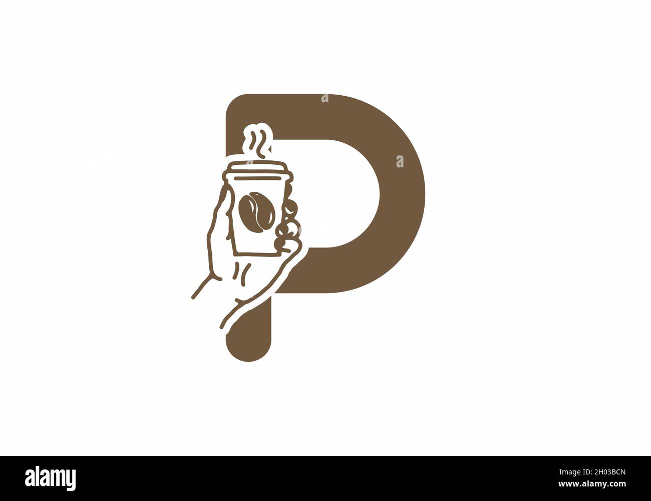 Brown color of P initial letter with line art coffee cup design Stock ...