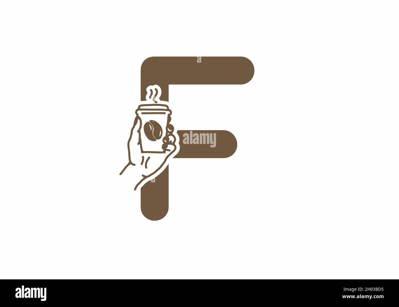 Brown color of F initial letter with line art coffee cup design Stock ...