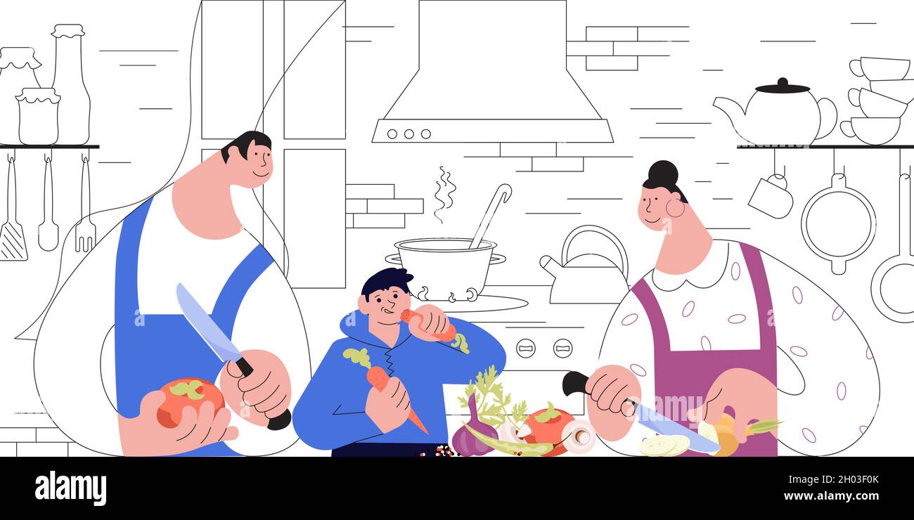 Happy family cooking together in the kitchen. Dad, mom, daughter, son ...