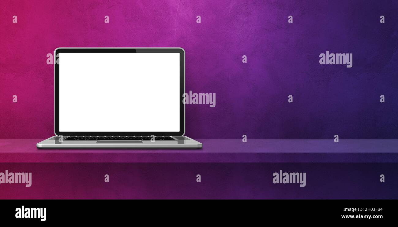 Laptop computer on purple shelf background banner. 3D Illustration ...