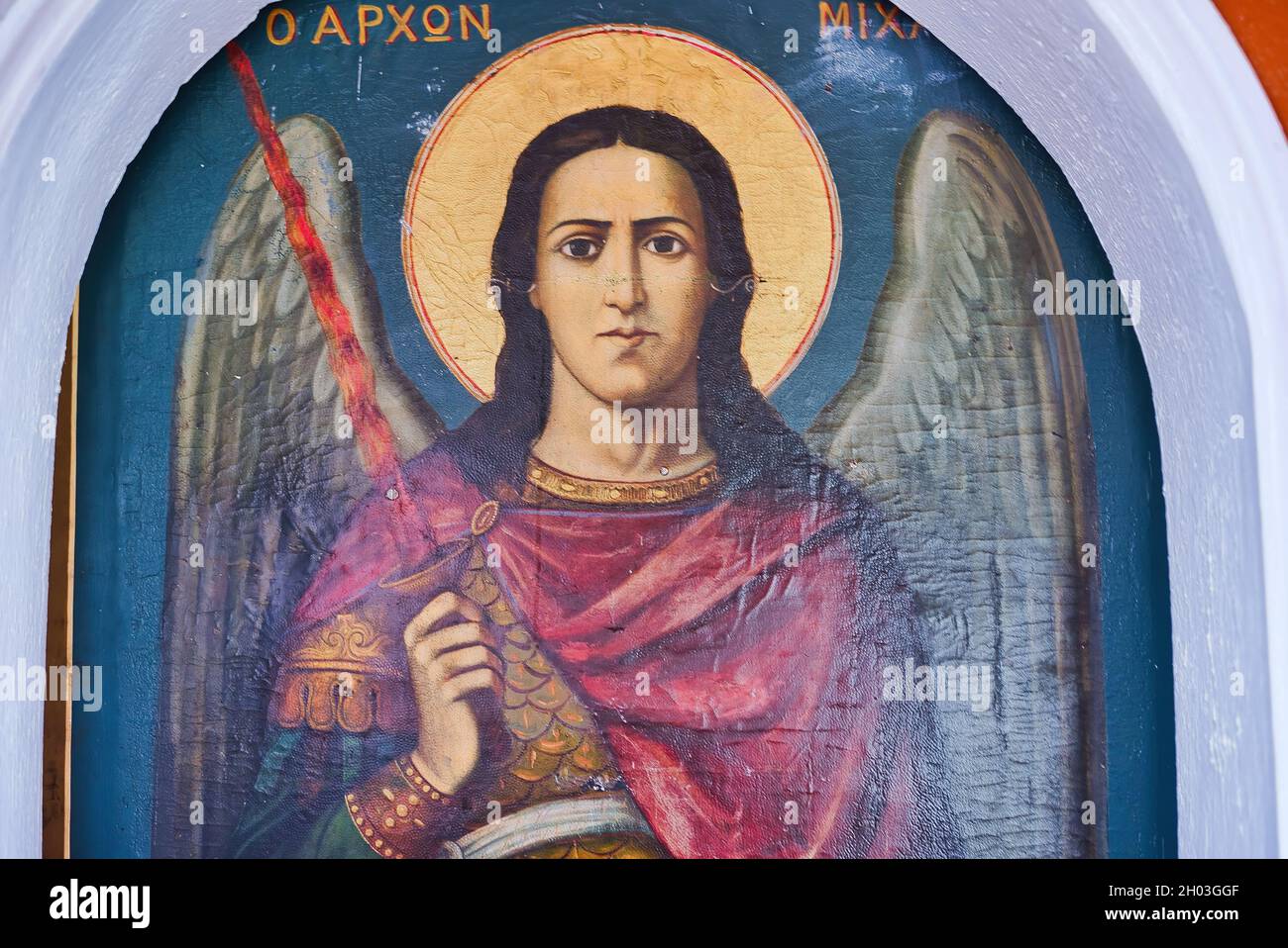 Archangel Michael, unique icon, hagiography in a small Christian church ...