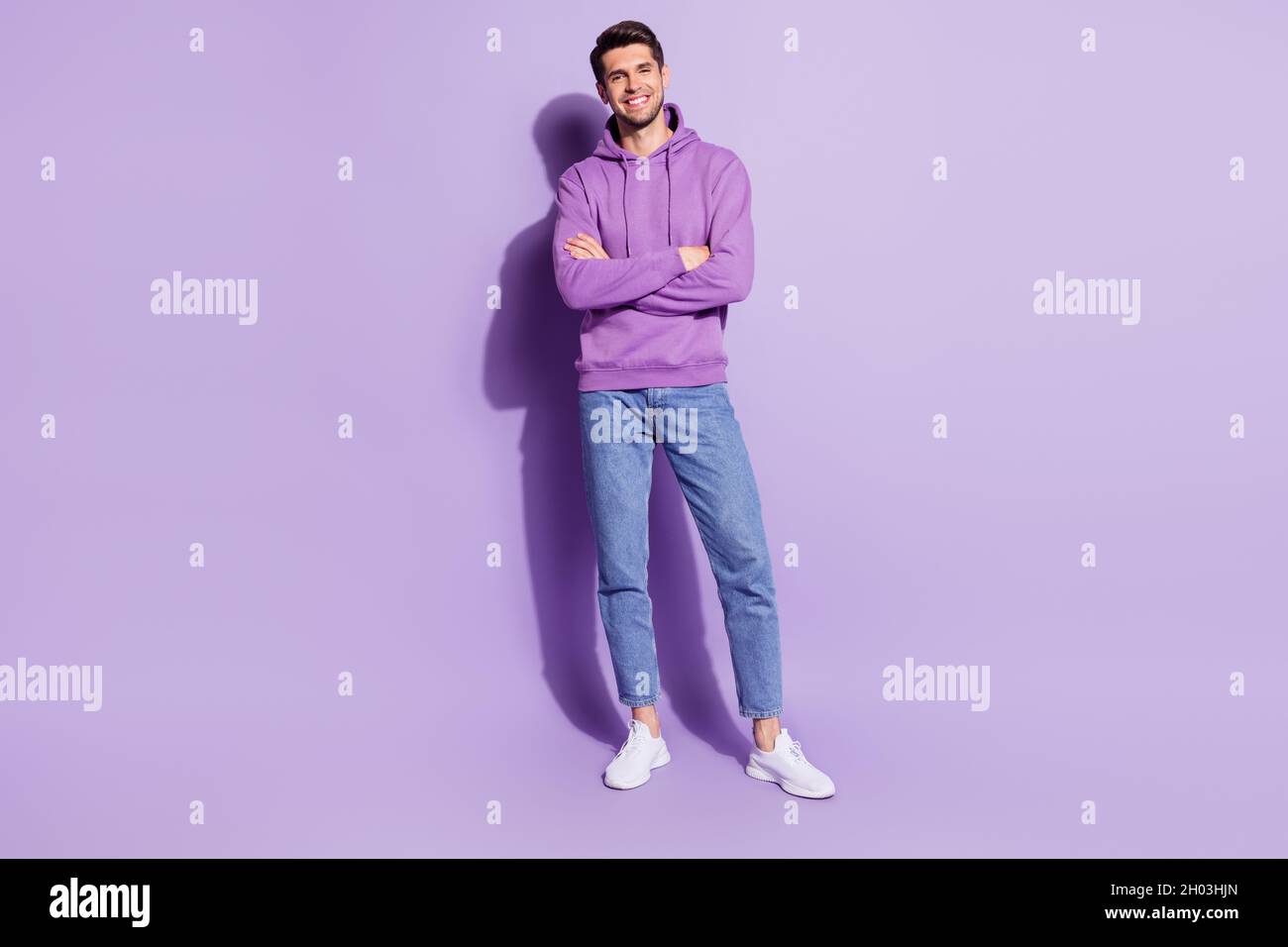 Full length body size view of attractive content cheerful guy folded ...
