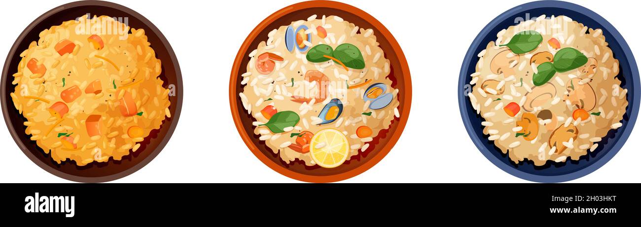 Three plates of risotto with different ingredients Stock Vector Image ...
