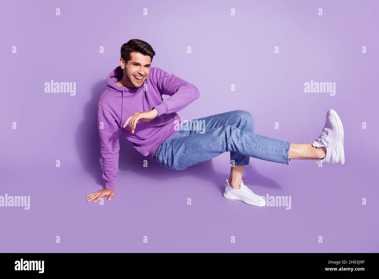 Full length body size photo man smiling dancing breakdance isolated ...