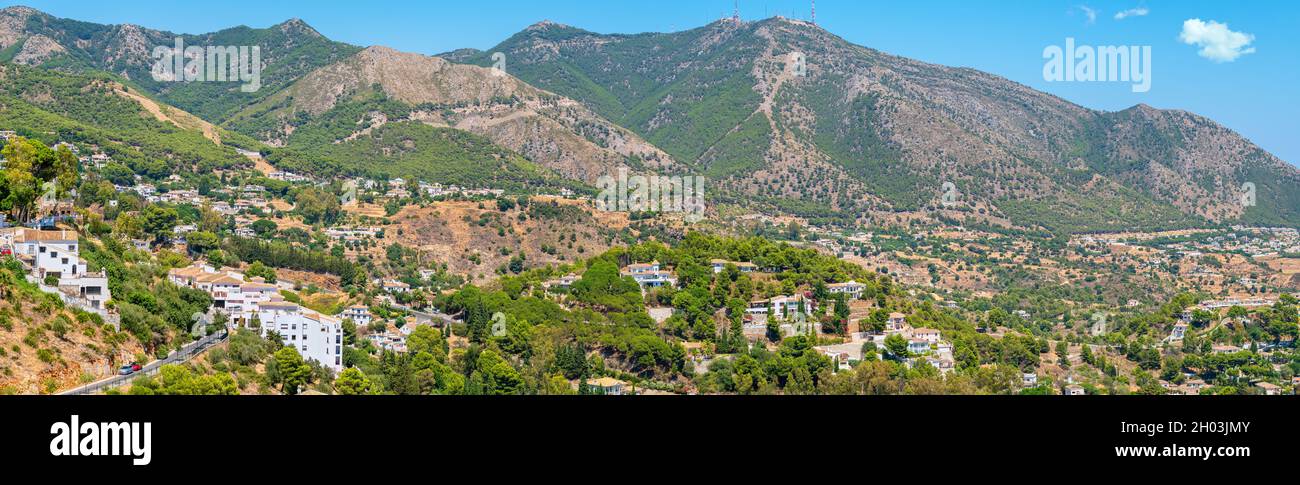 Panoramic view to surrounding mountain landscape from village of Mijas ...