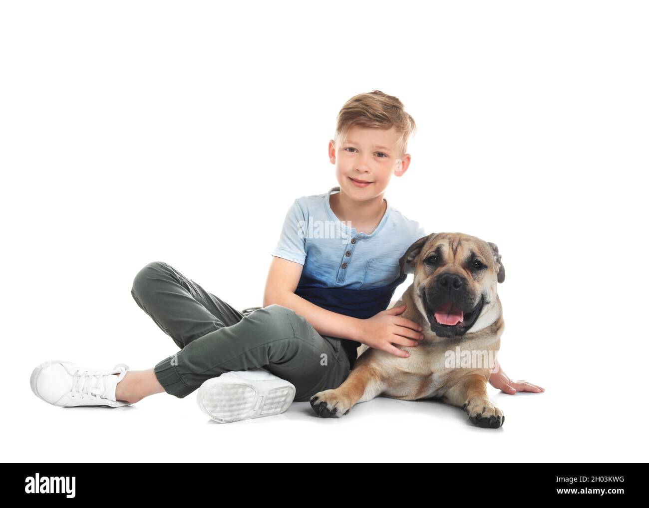 Cute little child with his dog on white background Stock Photo - Alamy