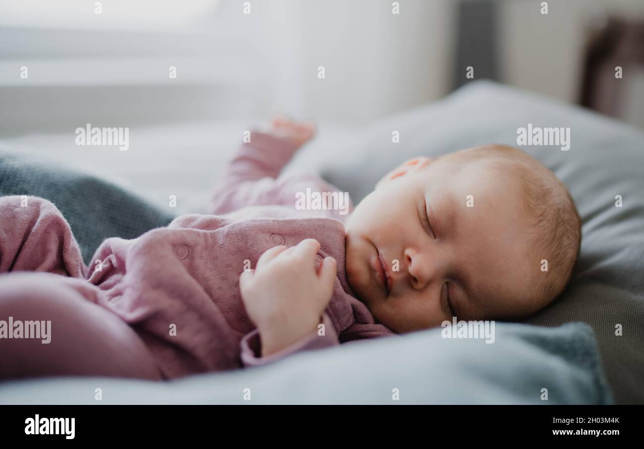 Portrait of cute newborn baby girl, sleeping an lying on sofa indoors at home Stock Photo - Alamy